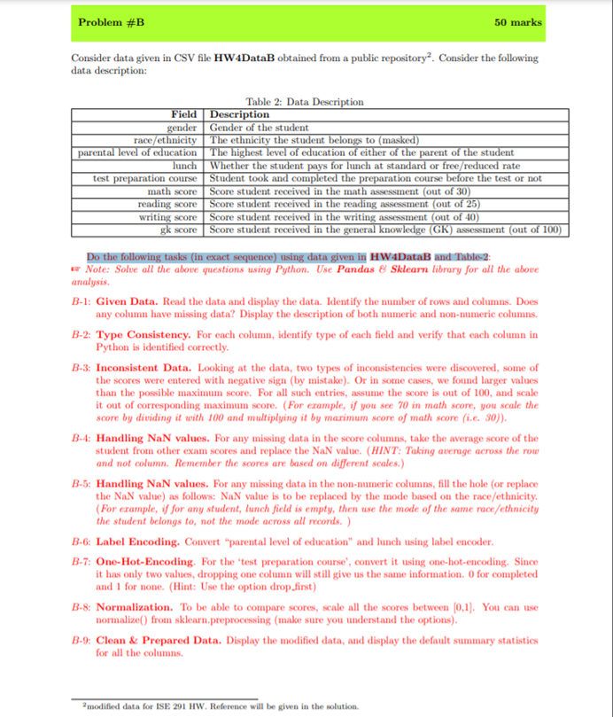 Solved Problem B 50 Marks Consider Data Given In Csv File 6781