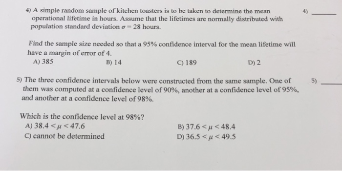 Solved 4) A simple random sample of kitchen toasters is to | Chegg.com