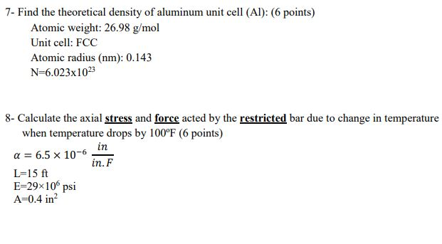 Solved 7- Find the theoretical density of aluminum unit cell | Chegg.com