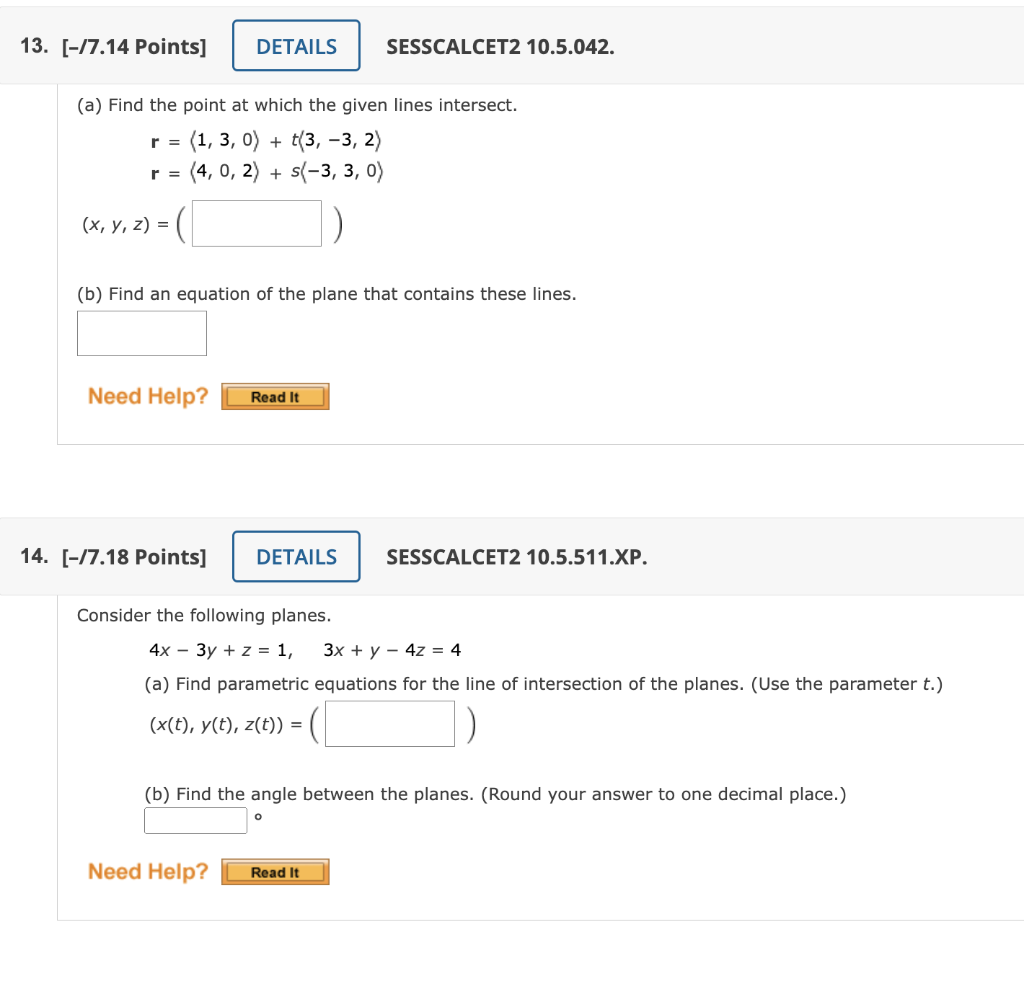 Solved (a) Find the point at which the given lines | Chegg.com