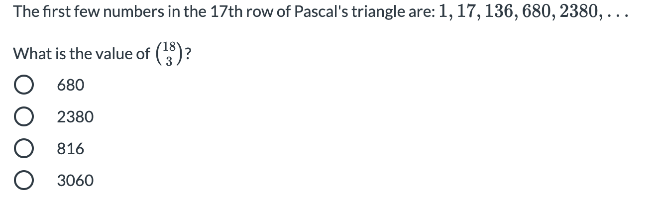 Solved The first few numbers in the 17th row of Pascal's | Chegg.com