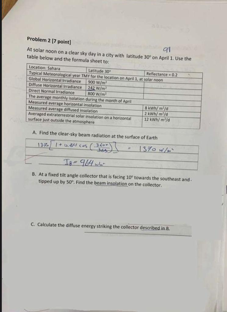 Solved Problem 2 [7 ﻿point]At solar noon on a clear sky day | Chegg.com