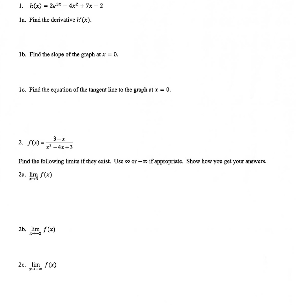 Solved h(x)=2e3x-4x2+7x-21a. ﻿Find the derivative h'(x).1b. | Chegg.com
