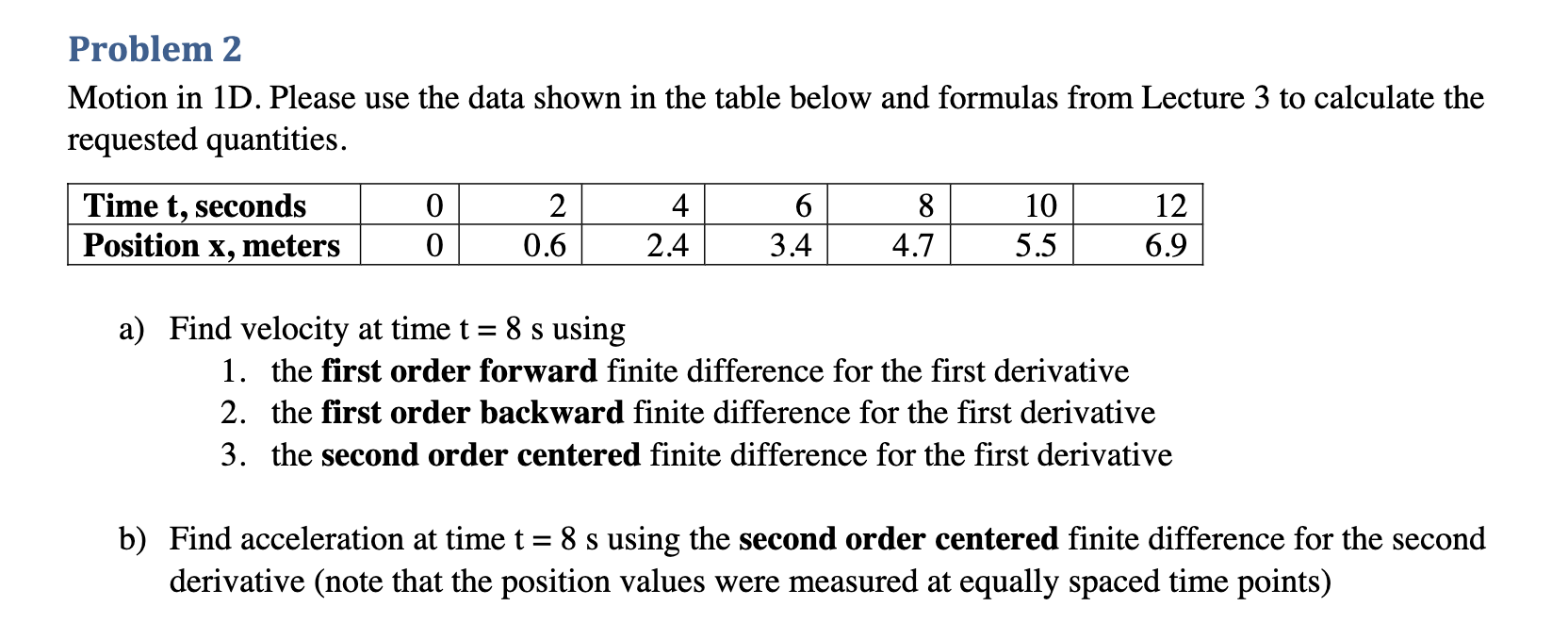 Problem 2 Motion in 1D. Please use the data shown in | Chegg.com
