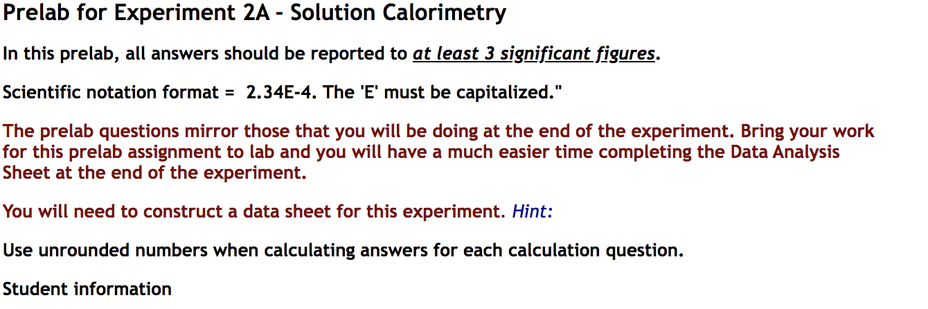 Solved Prelab for Experiment 2A - Solution Calorimetry In | Chegg.com