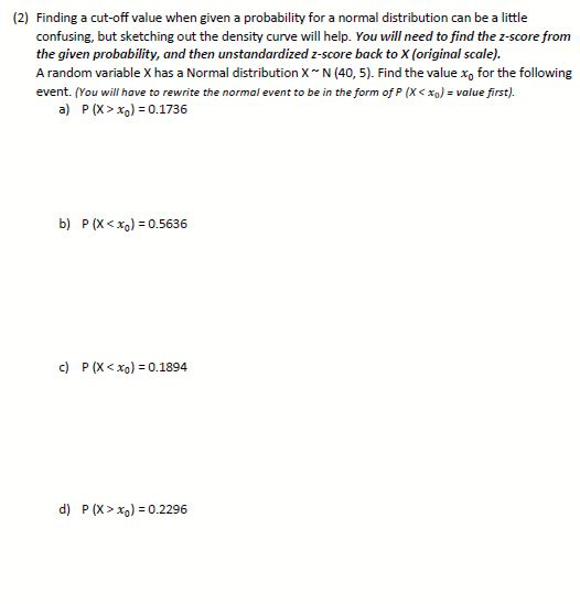 Solved (2) Finding a cut-off value when given a probability | Chegg.com