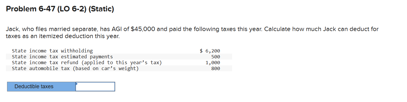 Solved lack, who files married separate, has AGI of $45,000 | Chegg.com