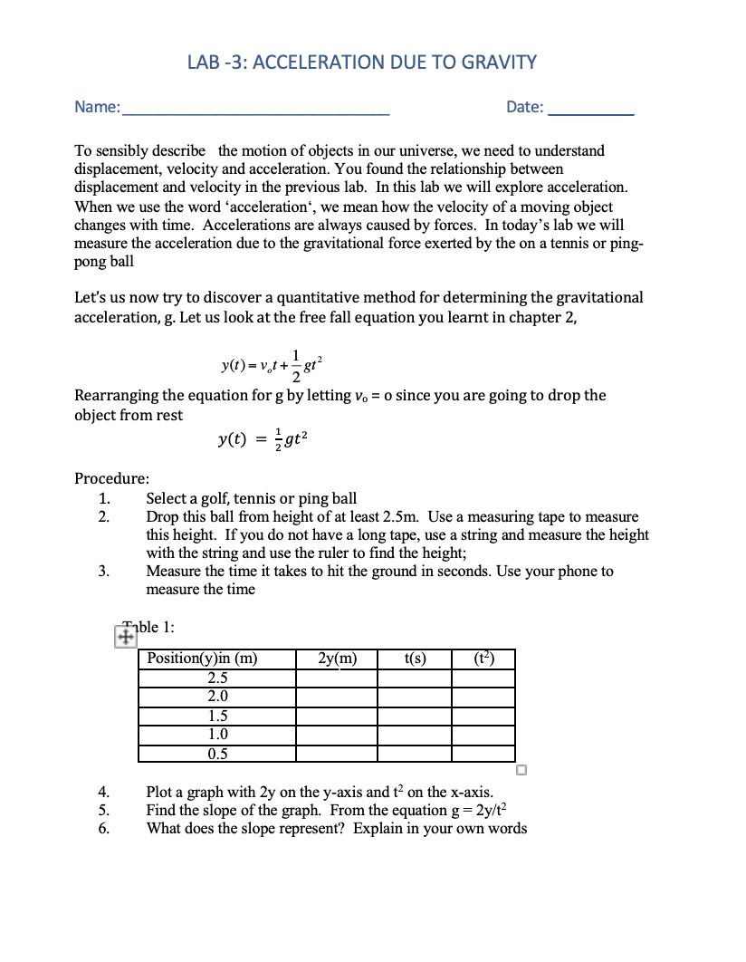 Solved LAB -3: ACCELERATION DUE TO GRAVITY Name: Date: To | Chegg.com