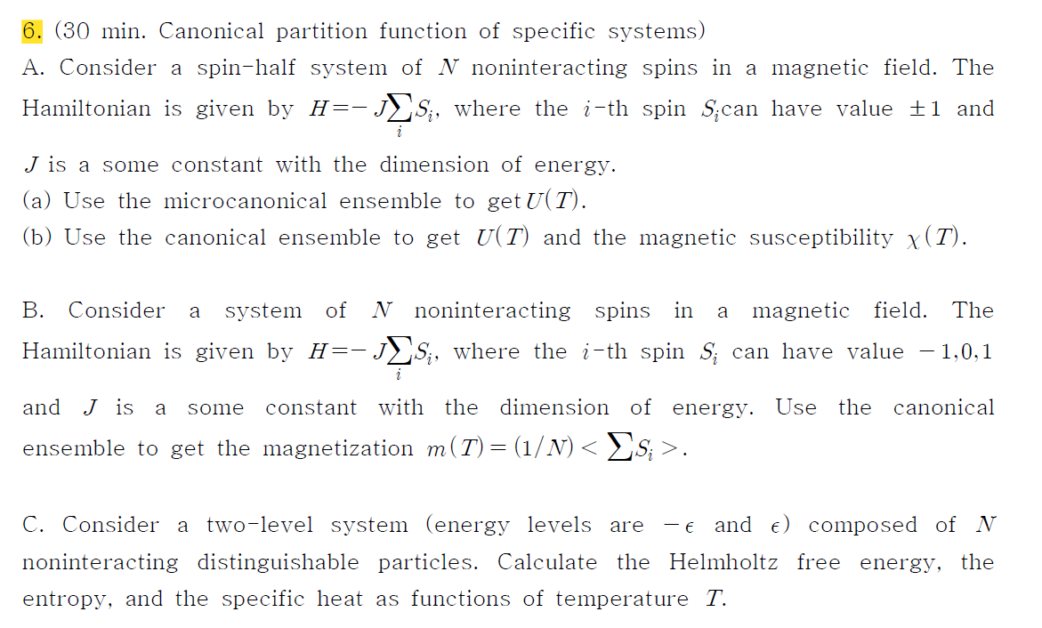 Solved 6. (30 min. Canonical partition function of specific | Chegg.com