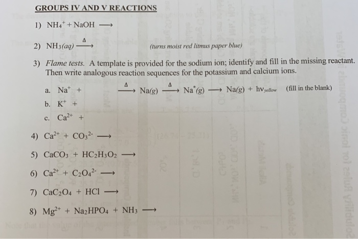 Solved GROUPS IV AND V REACTIONS 1) NH4 +NaOH _ (turns moist | Chegg.com
