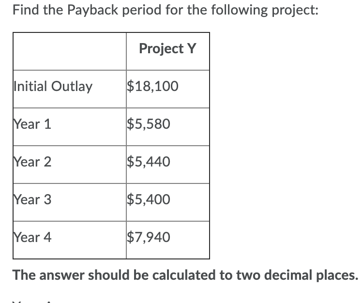 Solved Find the Payback period for the following project: | Chegg.com