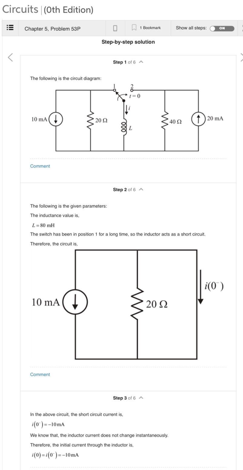 Solved Chapter 5, Problem 53P Why does i(0-) become -10mA? | Chegg.com