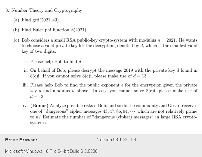 Solved 8. Number Theory and Cryptography (a) Find ged(2021, | Chegg.com