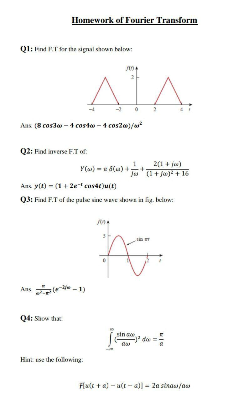 Solved Homework of Fourier Transform Q1: Find F.T for the | Chegg.com