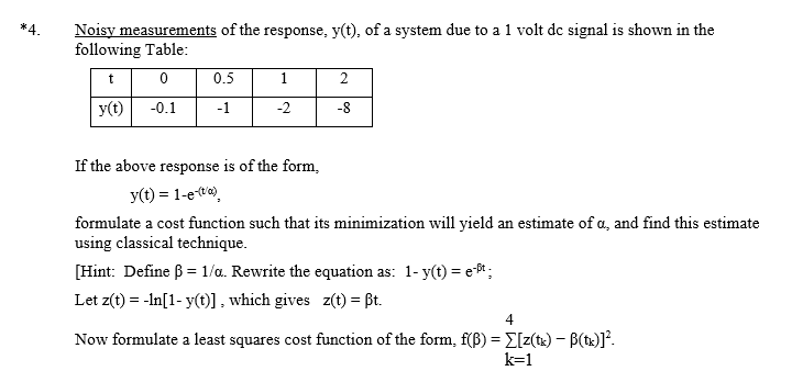 Solved 4. Noisy measurements of the response, y(t), of a | Chegg.com