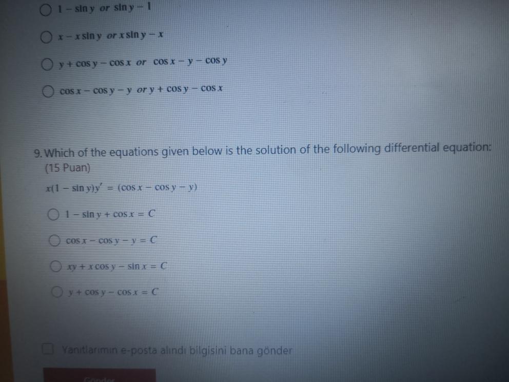 Solved 1 - siny or siny - 1 x-xsin y or rsin y - x O y + cos | Chegg.com