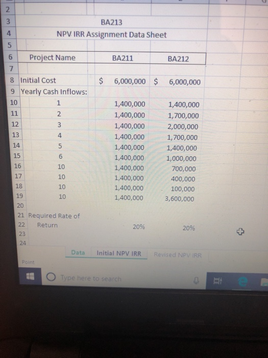 BA213, Managerial Accounting NPV IRR Excel/Word | Chegg.com