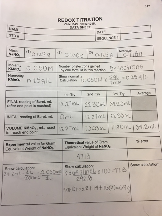 Solved 147 REDOX TITRATION CHM 1045L / CHM 1046L DATA SHEET | Chegg.com