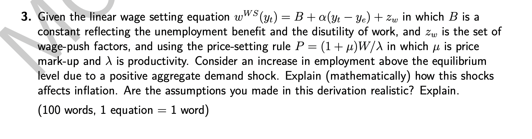 3. Given the linear wage setting equation wWS(yt) | Chegg.com