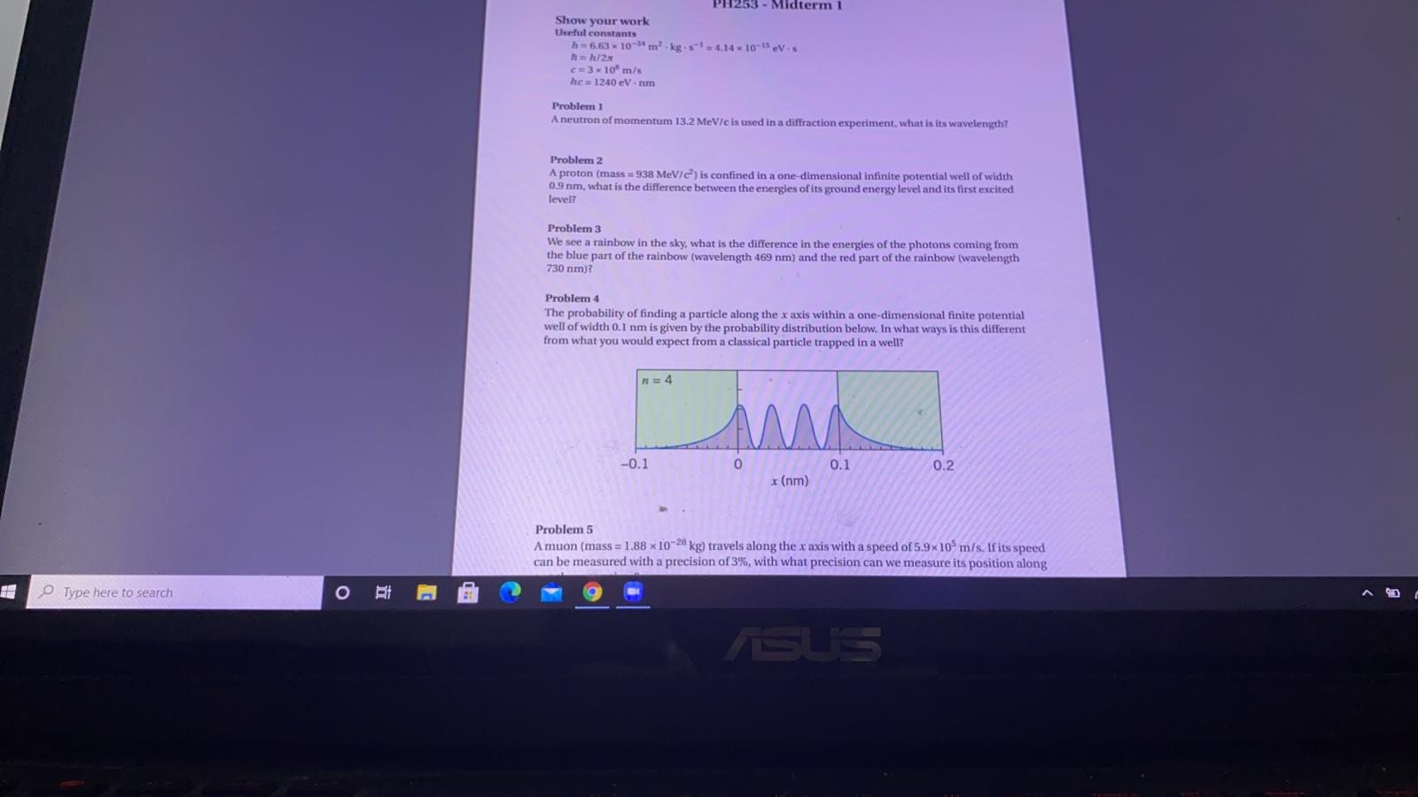Solved PH253 - Midterm 1 Show your work Useful constants h = | Chegg.com