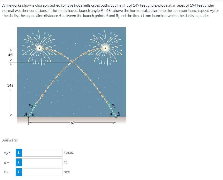 Solved A fireworks show is choreographed to have two shells | Chegg.com