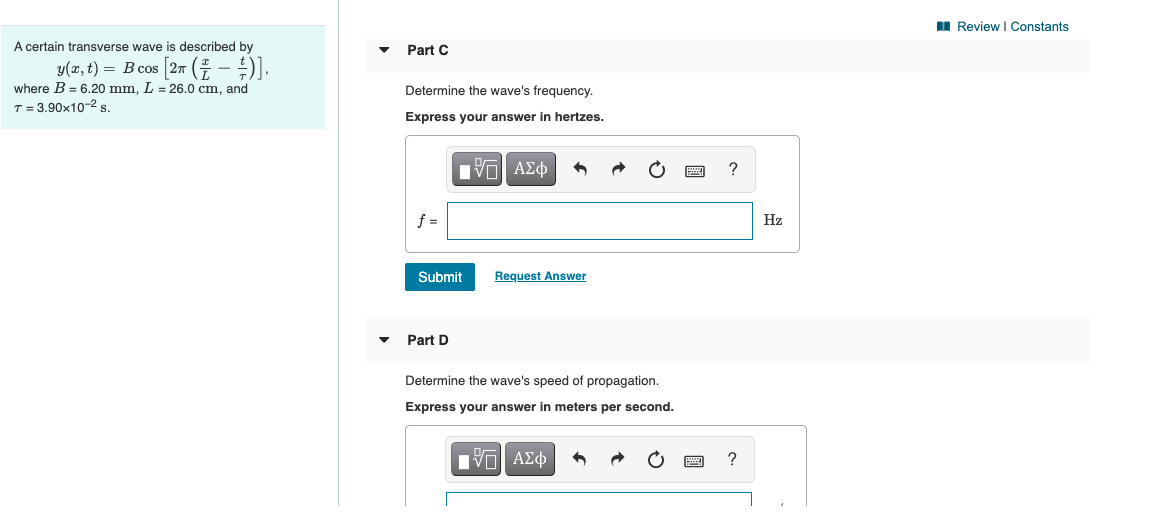 Solved A Review | Constants Part C A certain transverse wave | Chegg.com