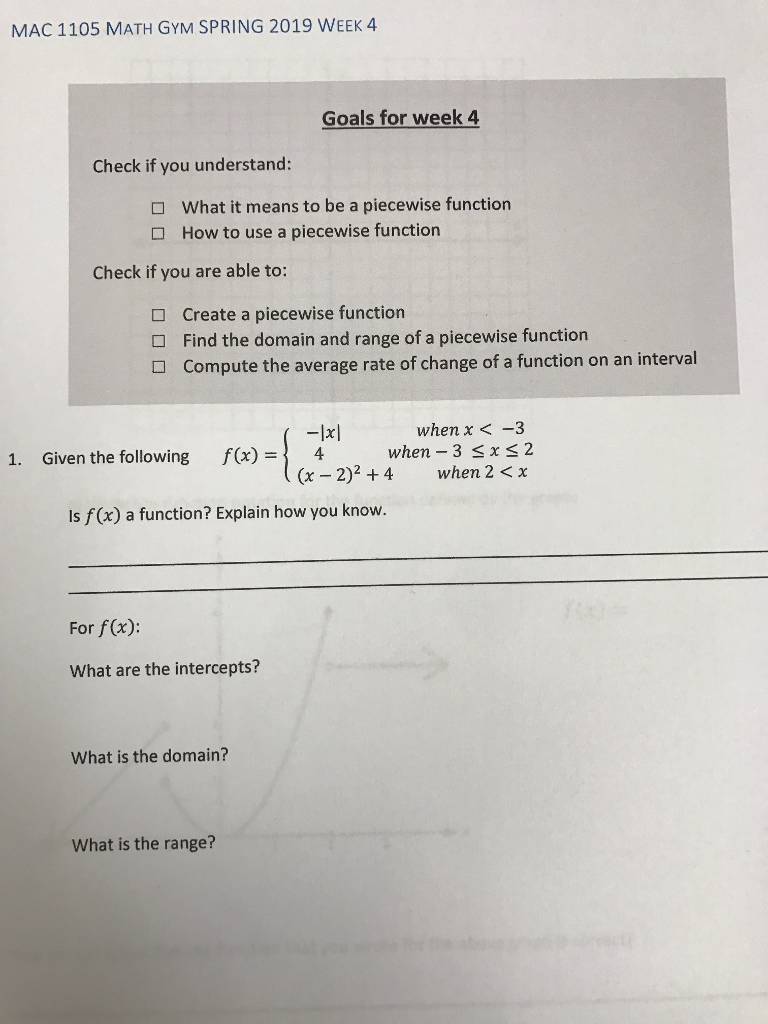 Solved MAC 1105 MATH GYM SPRING 2019 WEEK 4 Goals for week 4 | Chegg.com Solved MAC 1105 MATH GYM SPRING 2019 WEEK 4 Goals for week 4 | Chegg.com