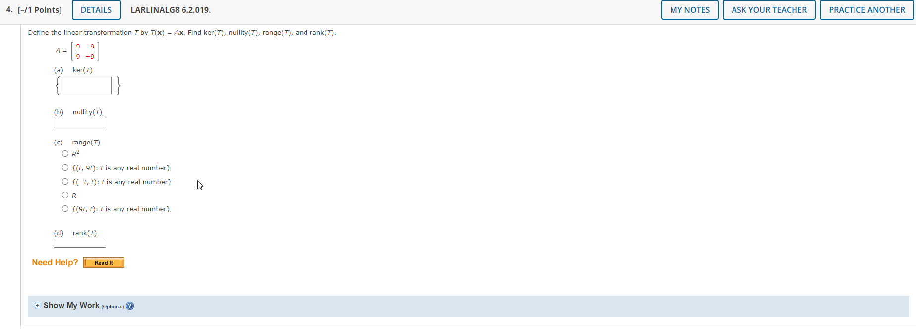 Solved Define the linear transformation T by T(x) = Ax. Find | Chegg.com