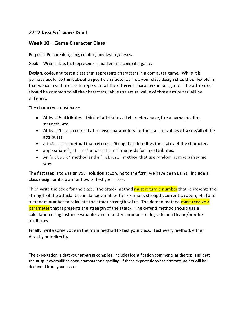 Solved 2212 Java Software Dev I Week 10-Game Character Class | Chegg.com