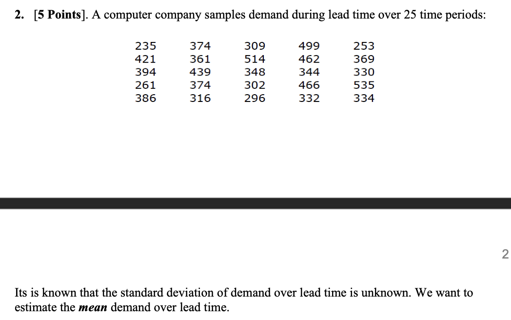 Solved 2. [5 Points]. A computer company samples demand | Chegg.com