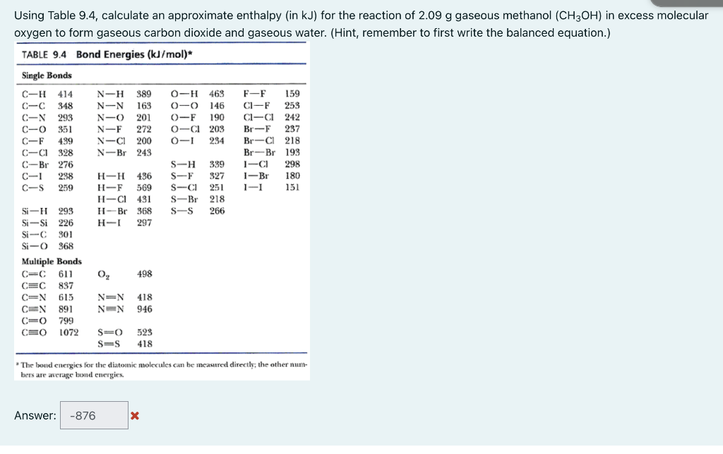 Solved Using Table 9.4, calculate an approximate enthalpy | Chegg.com