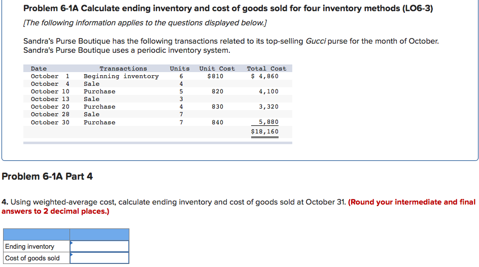 Solved Problem 6-1A Calculate ending inventory and cost of | Chegg.com