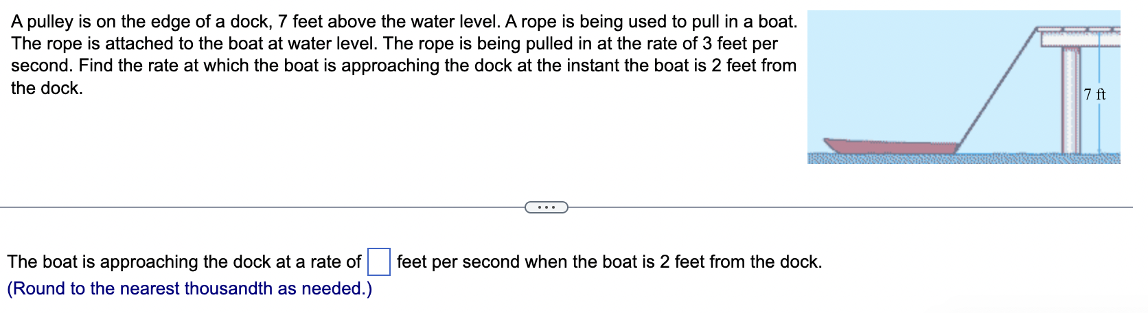Solved A pulley is on the edge of a dock, 7 feet above the | Chegg.com