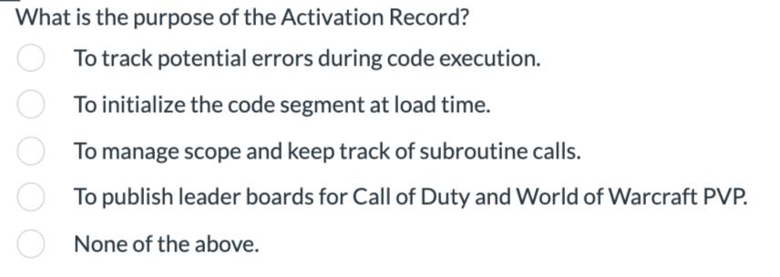 Solved What is the purpose of the Activation Record? To | Chegg.com