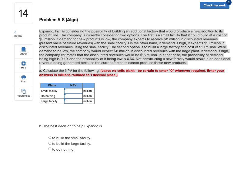 Solved Check my work 14 Problem 5-8 (Algo) 2 points eBook | Chegg.com