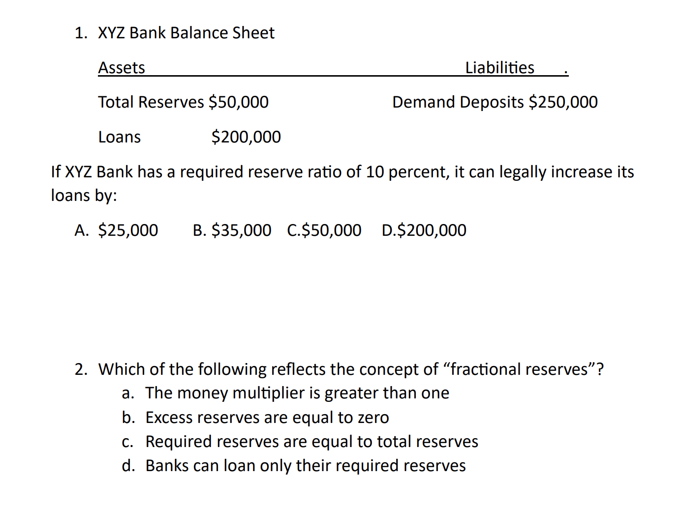 Solved 1. XYZ Bank Balance Sheet f XYZ Bank has a required | Chegg.com