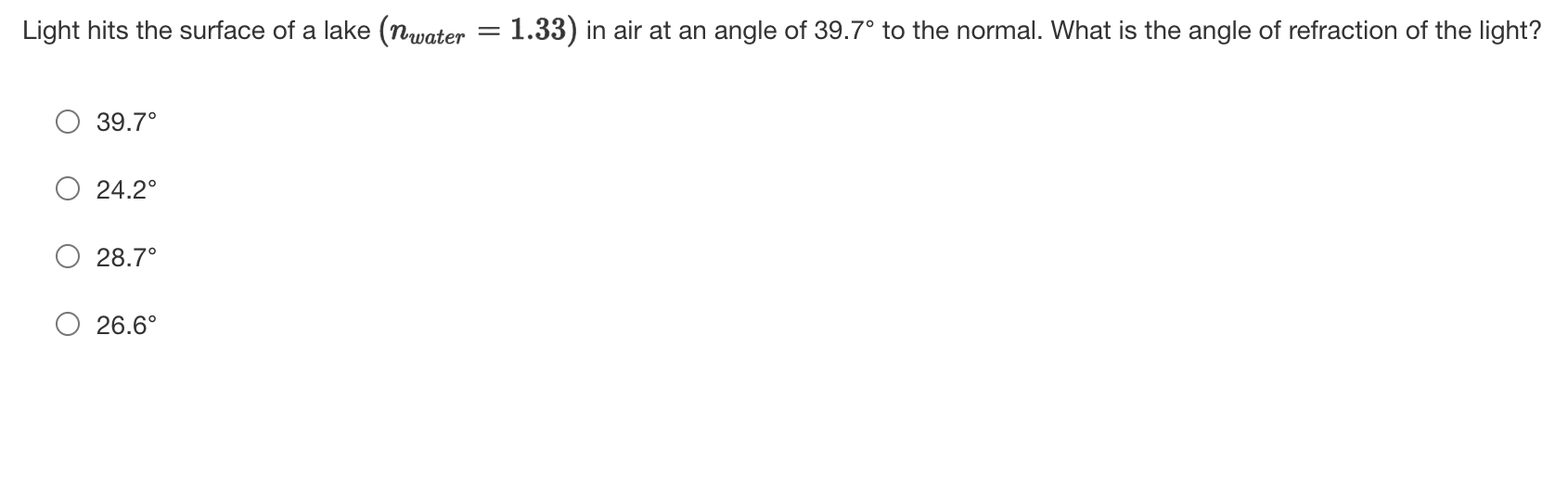 Solved Light hits the surface of a lake (nwater=1.33) in air | Chegg.com