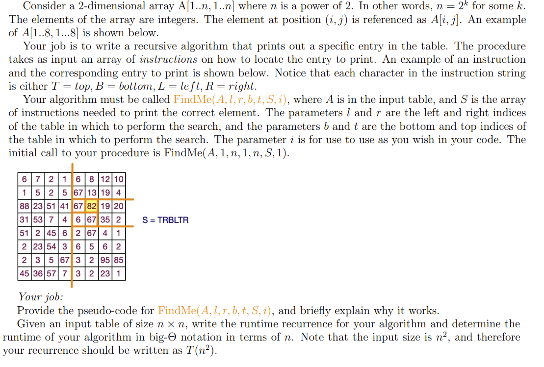 Solved Consider a 2-dimensional array A[1..n,1..n] where n | Chegg.com