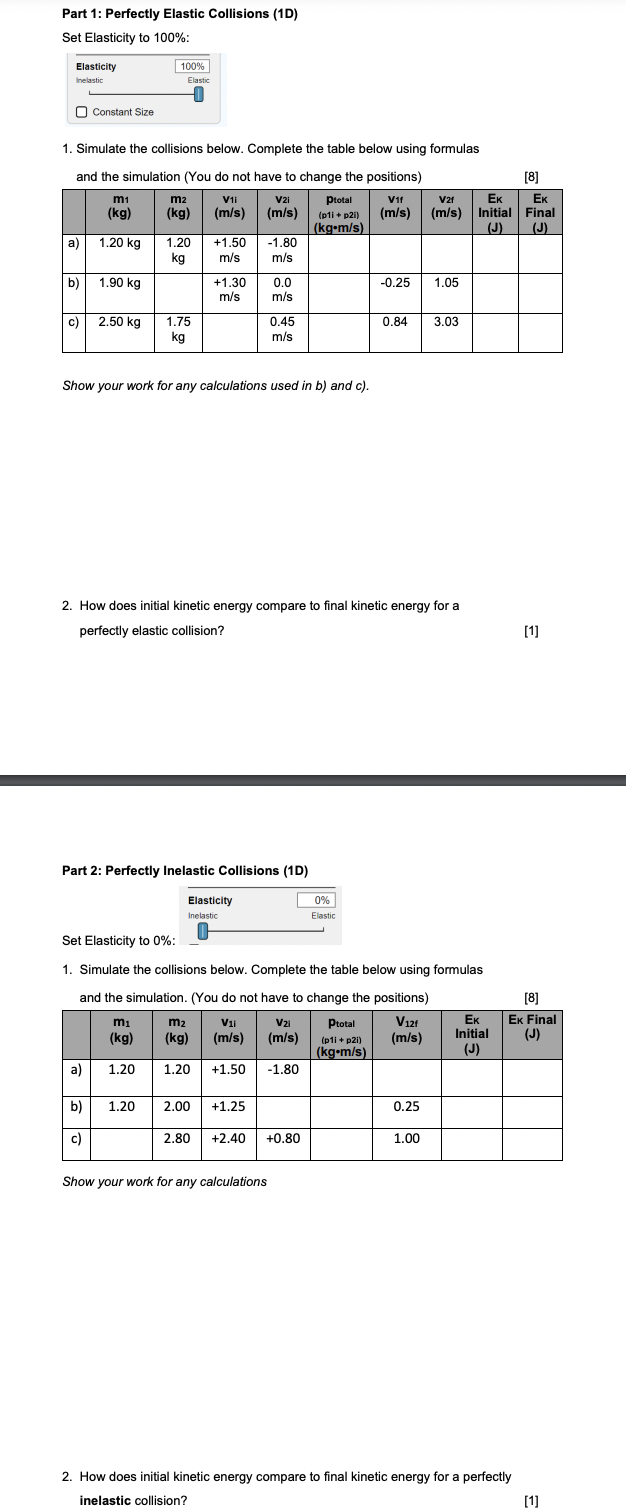 Solved Part 1: Perfectly Elastic Collisions (10) Set | Chegg.com