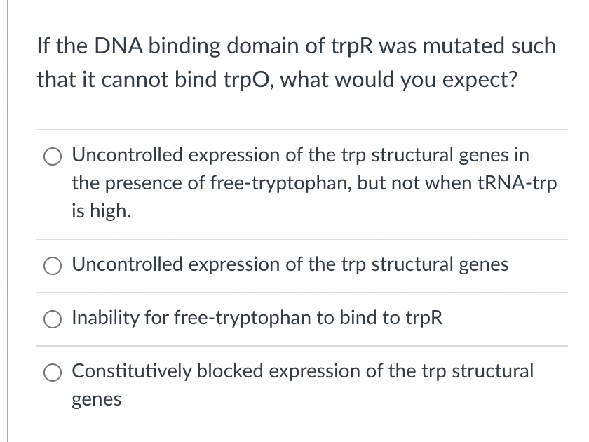 Solved If the DNA binding domain of trpR was mutated such | Chegg.com