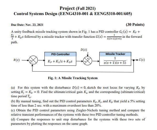 Solved Project (Fall 2021) Control Systems Design | Chegg.com