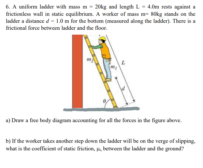 Solved 6. A uniform ladder with mass m = 20kg and length L = | Chegg.com