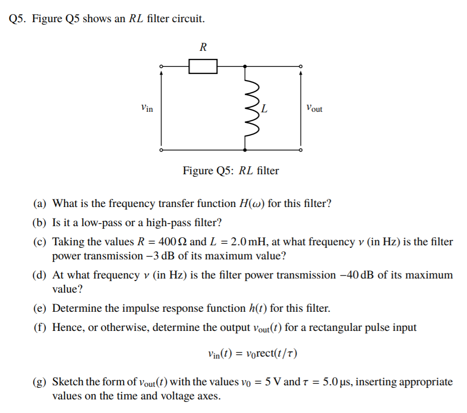 Solved Q5. Figure Q5 shows an RL filter circuit. Vin Vout | Chegg.com