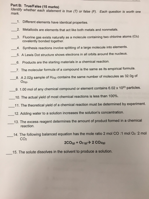 Solved Part B: True/False (15 marks) Identify whether each | Chegg.com