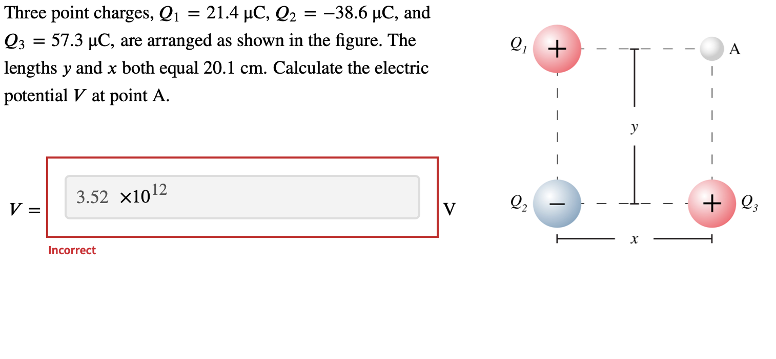 Solved Three point charges, Q1=21.4μC,Q2=−38.6μC, and | Chegg.com