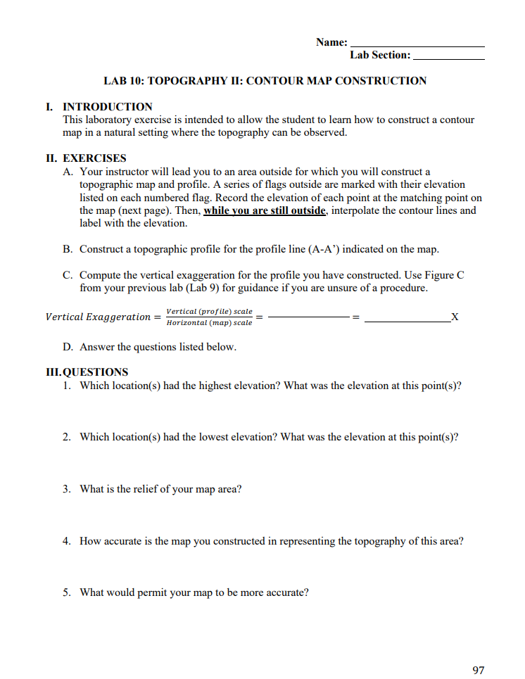 Solved LAB 10: TOPOGRAPHY II: CONTOUR MAP CONSTRUCTION I. | Chegg.com