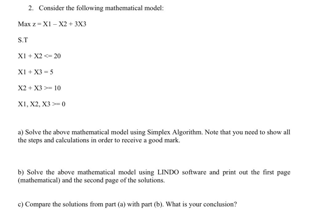 Solved 2. Consider the following mathematical model: | Chegg.com