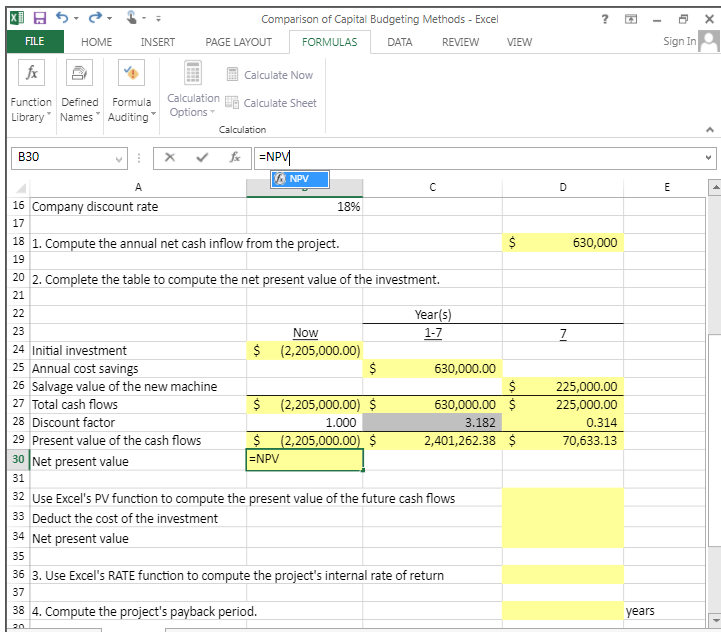 Solved ? Comparison of Capital Budgeting Methods - Excel | Chegg.com