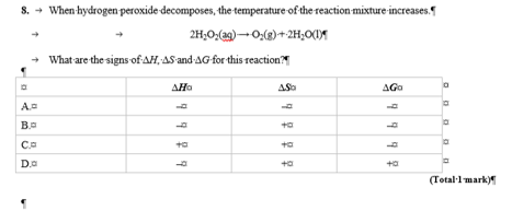 Solved 8. → When hydrogen peroxide decomposes, the | Chegg.com