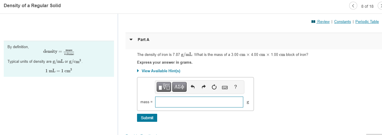 Solved Density of a Regular Solid Part A By definition, | Chegg.com